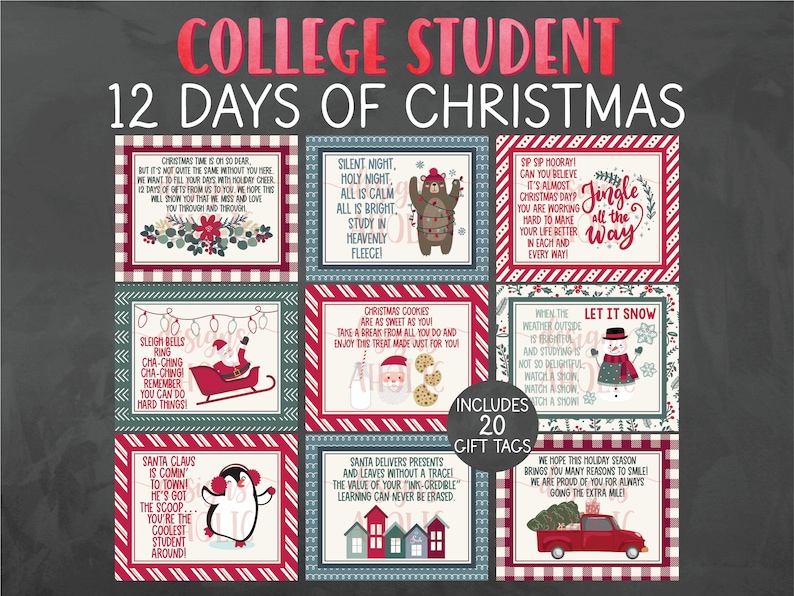 12 Days of Christmas College Student Gift Tags - College Student 12 ...