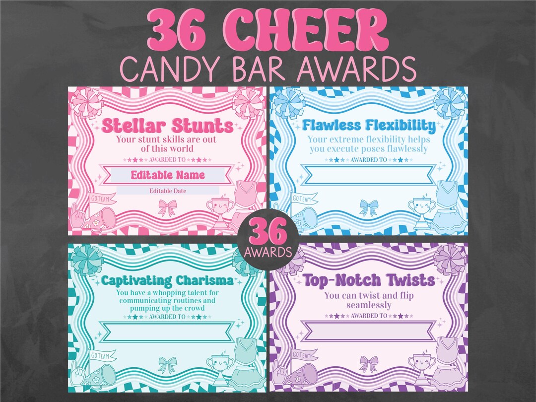 36 Cheer Team Candy Bar Award Certificates - Cheerleader Candy Bar ...