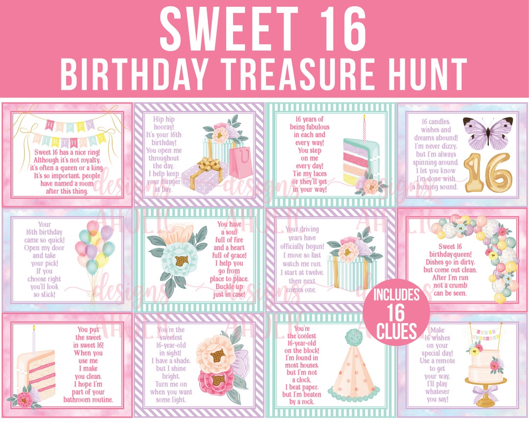 Sweet 16 Birthday Treasure Hunt Clues Sweet 16 Birthday - Etsy