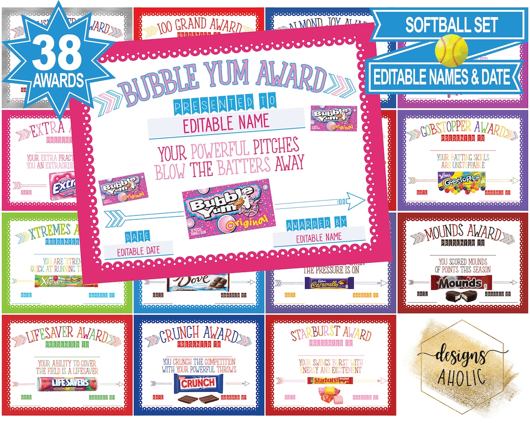 38 Softball Candy Bar Award Certificates Softball Candy Bar - Etsy UK