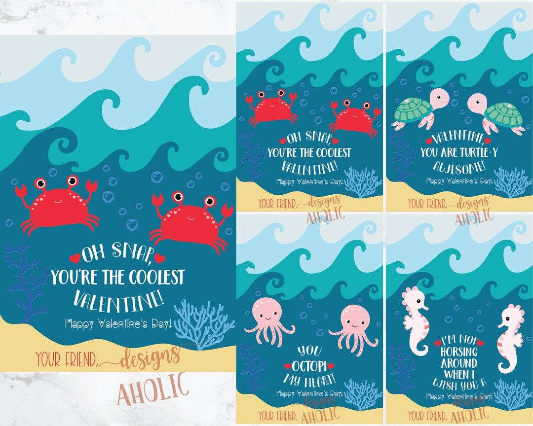 Sea Creature Valentines Day Cards Crab Valentines Turtle - Etsy