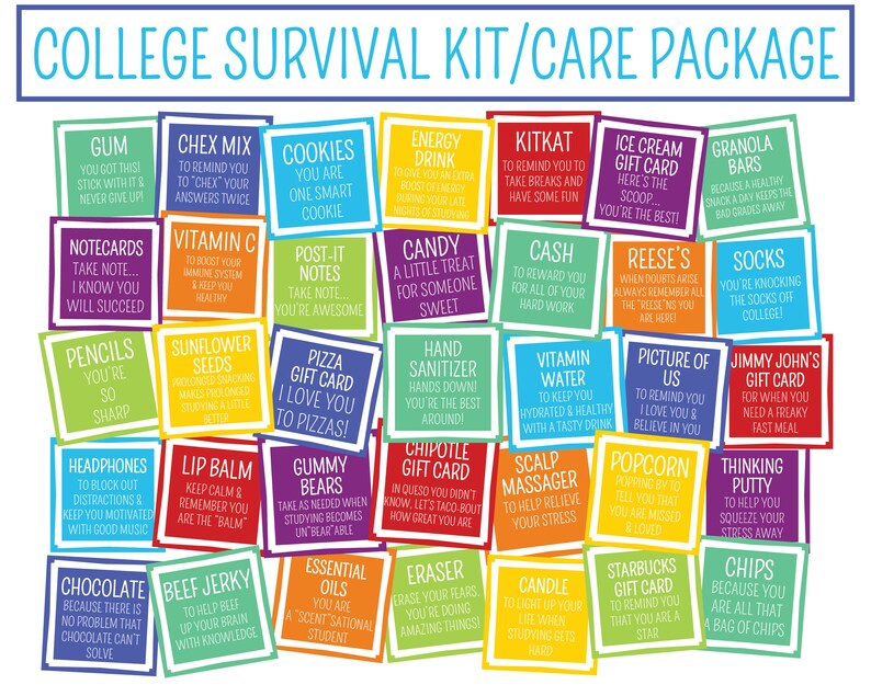 College Care Package Gift Tag Printables - College Survival Kit Gift ...