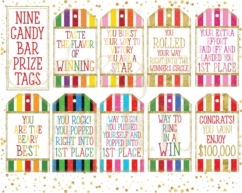 9 Candy Bar Party Prize Tags - Party Favor Gift Tags - Party Game ...