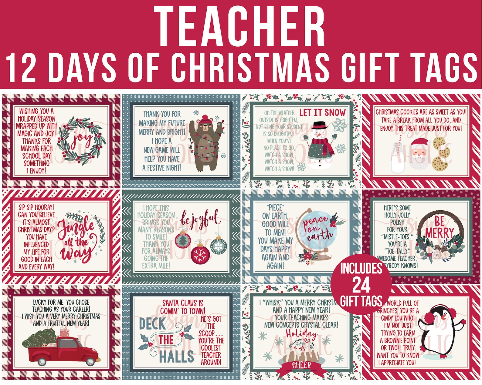 12 Days of Christmas Teacher Gift Tags Teacher 12 Days of - Etsy