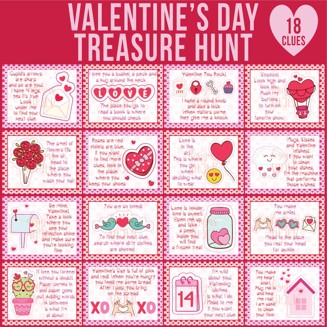 Valentine's Day Treasure Hunt Clues Valentines Scavenger Hunt Clues ...