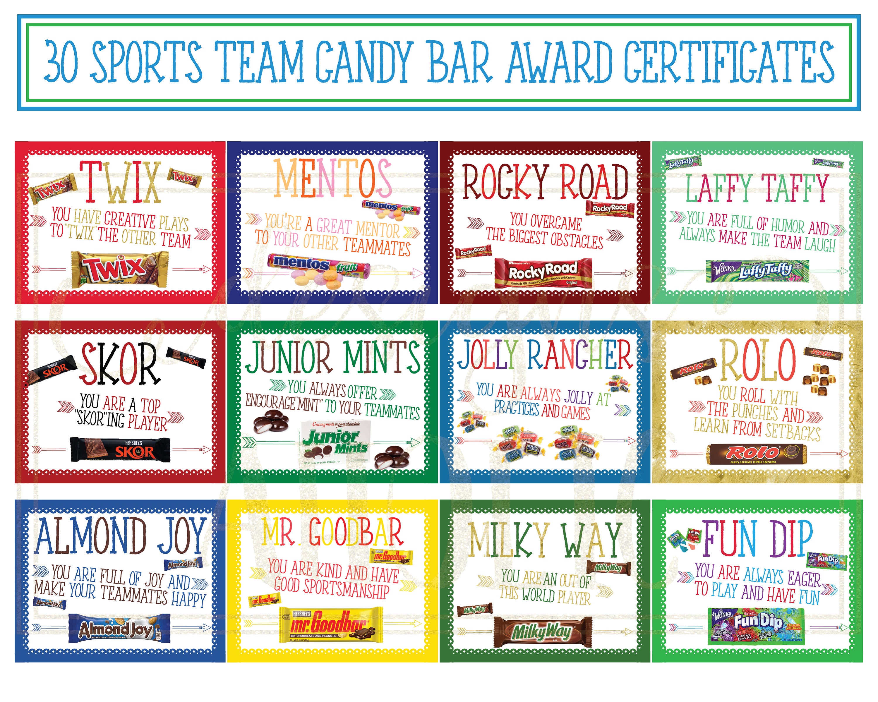 30 Sports Team Candy Bar Award Certificates Sports Players Etsy