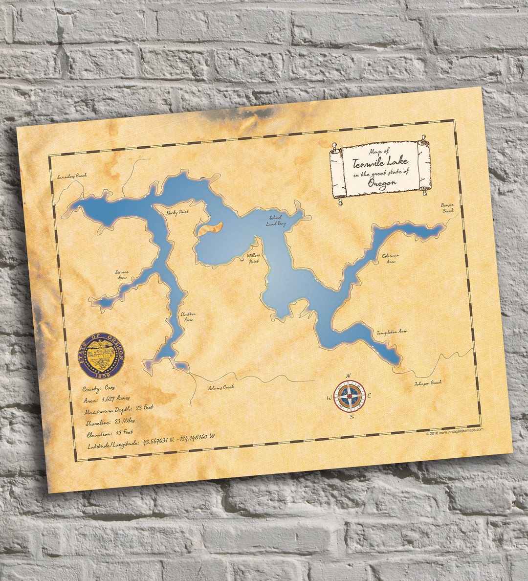 Tenmile Lake, Oregon. Vintage-Inspired Lake Map Print. Personalized ...