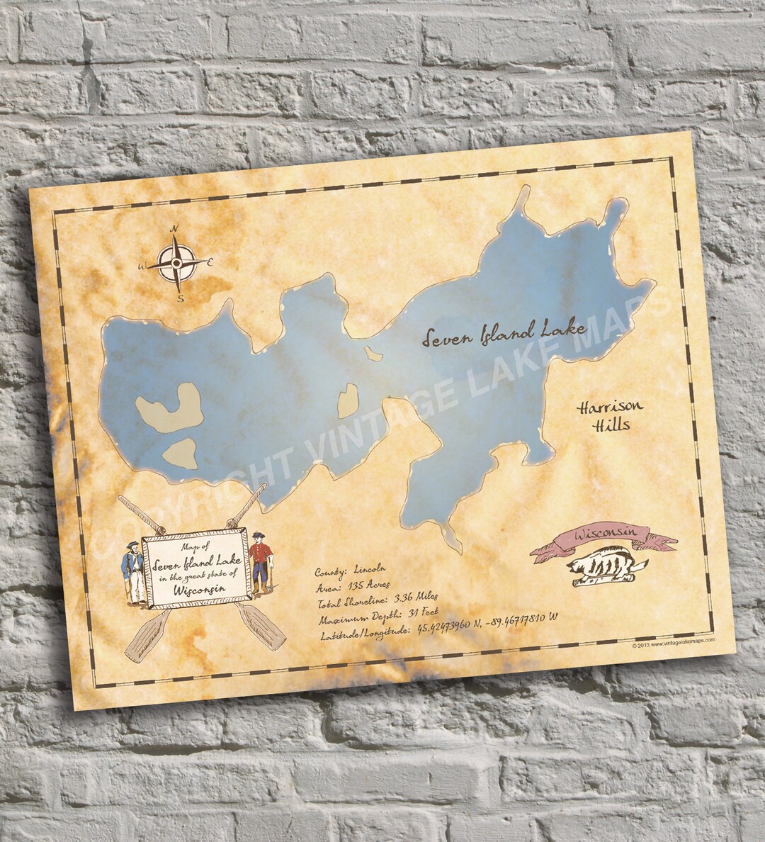 Seven Island Lake Wisconsin Map, Vintage Style Lake House Decor ...
