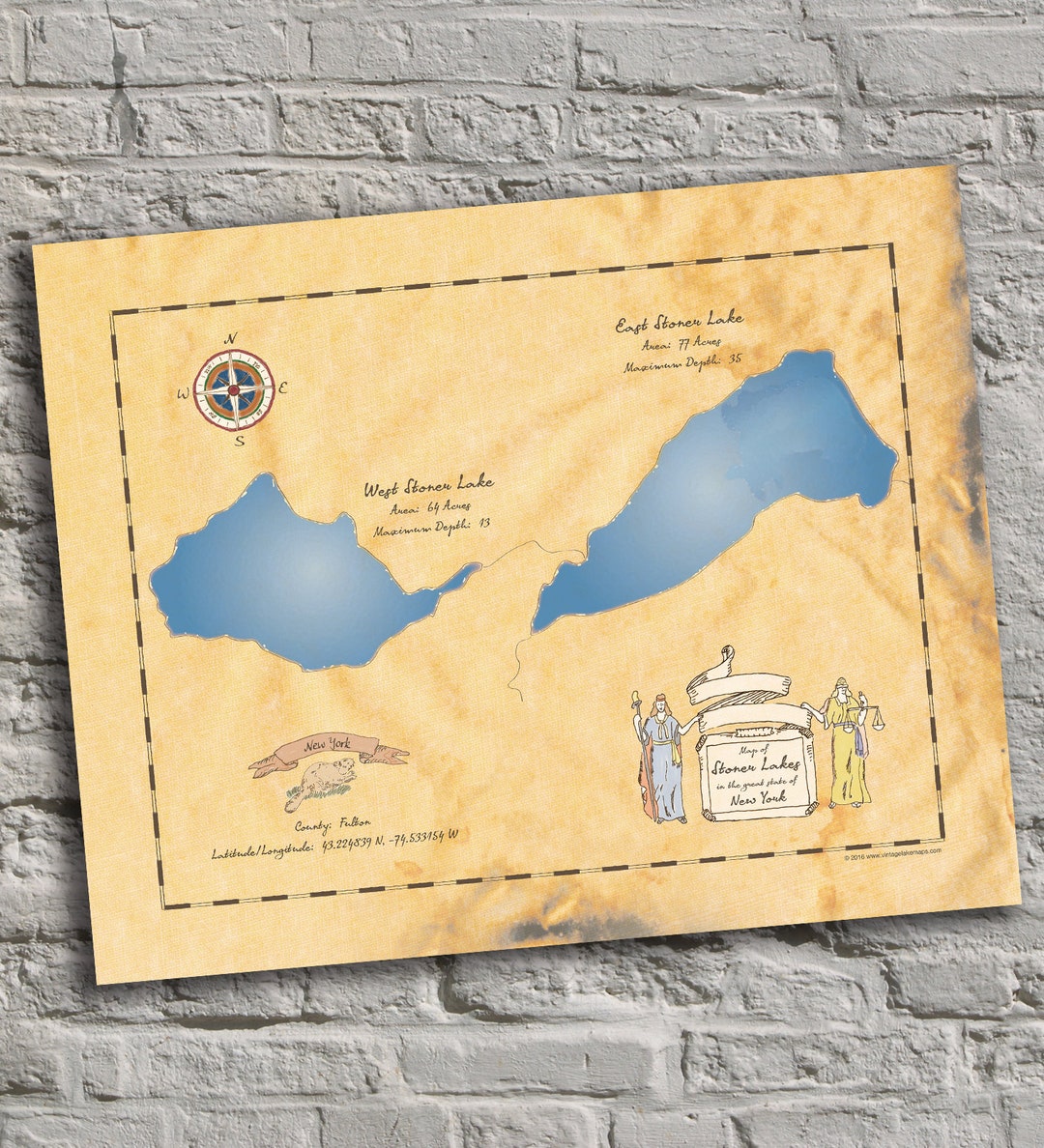 Stoner Lake, New York. Vintage-inspired Lake Map Print. Personalized ...