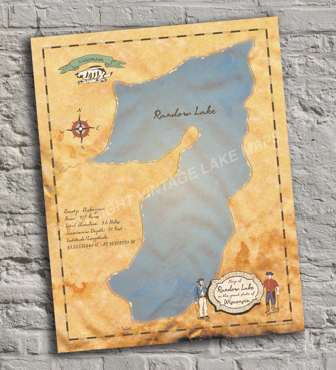 Random Lake, Wisconsin. Vintage-inspired Lake Map Print. Personalized ...