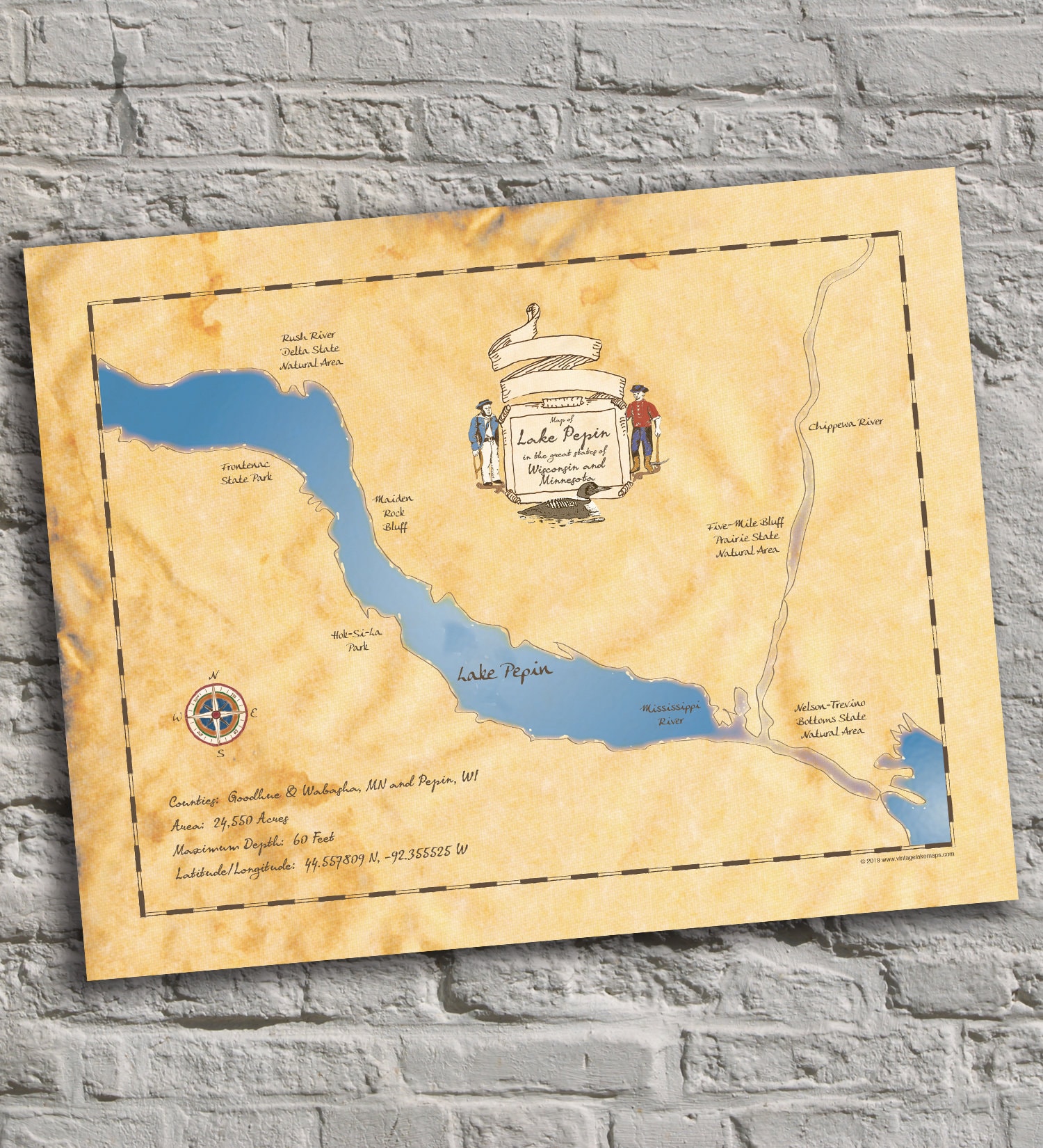 Lake Pepin, Wisconsin. Vintage-inspired Lake Map Print. Custom Wall Art ...