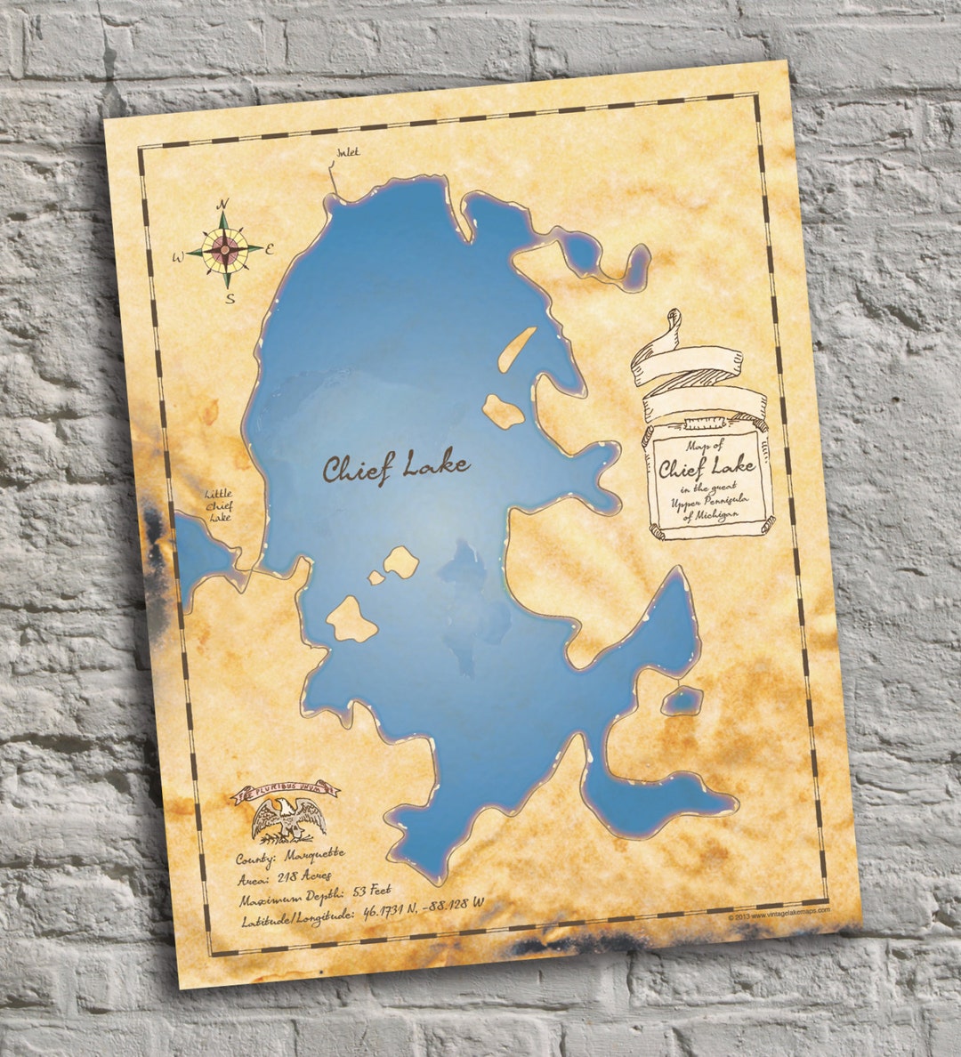 Chief Lake, Michigan. Vintage-inspired Lake Map Print. Custom Wall Art ...