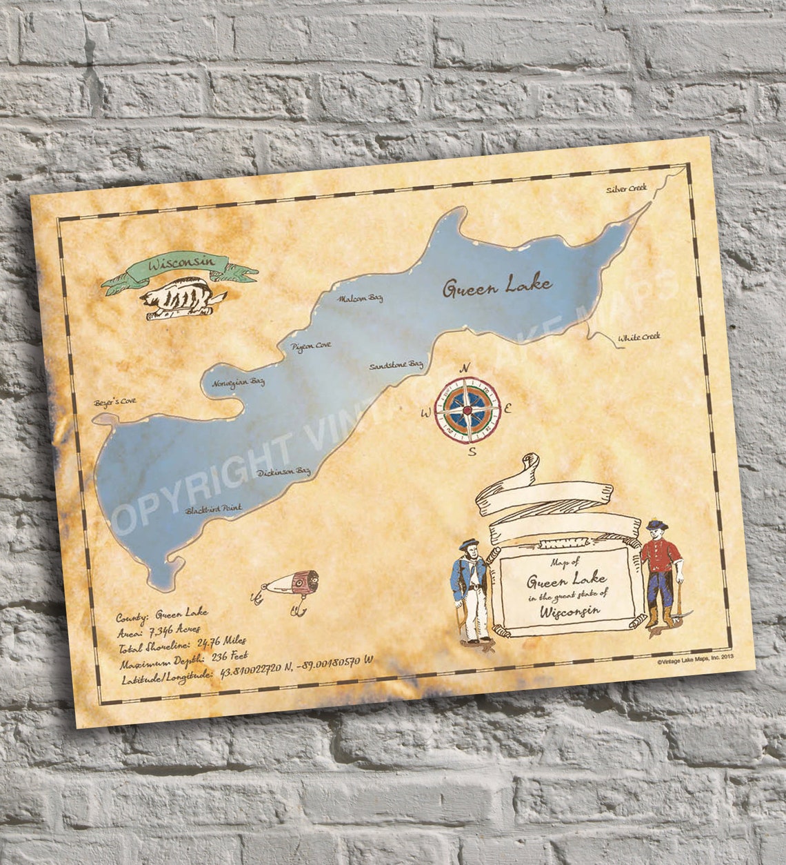 Green Lake, Wisconsin. Vintage-inspired Lake Map Print. Personalized ...