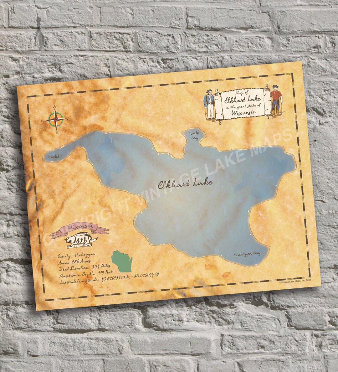 Elkhart Lake, Wisconsin. Vintage-inspired Lake Map Print. Custom Wall ...