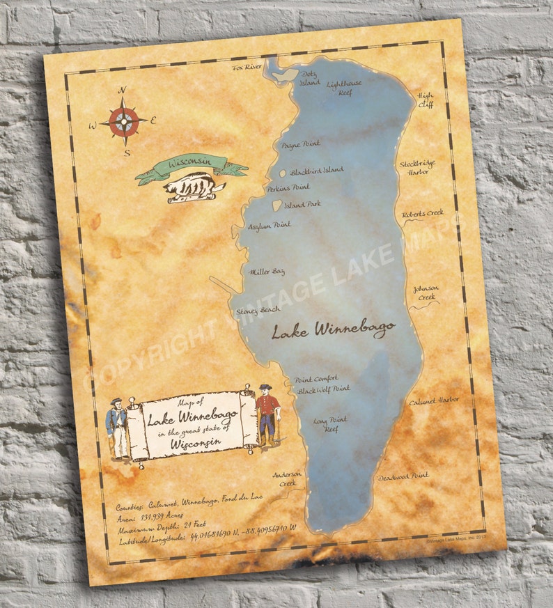 Lake Winnebago, Wisconsin. Vintage-inspired Lake Map Print ...