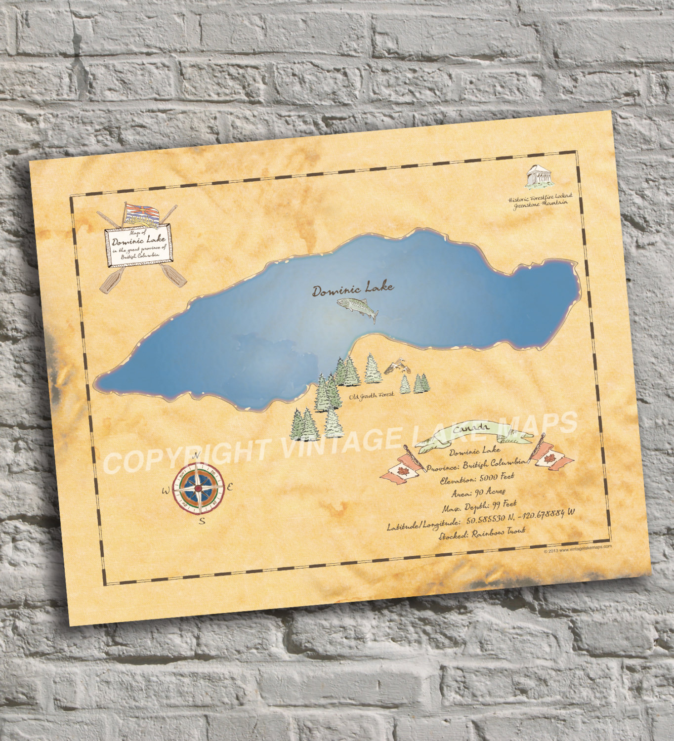 Dominic Lake BC, Canada. Vintage-inspired Lake Map Print. Custom Wall ...