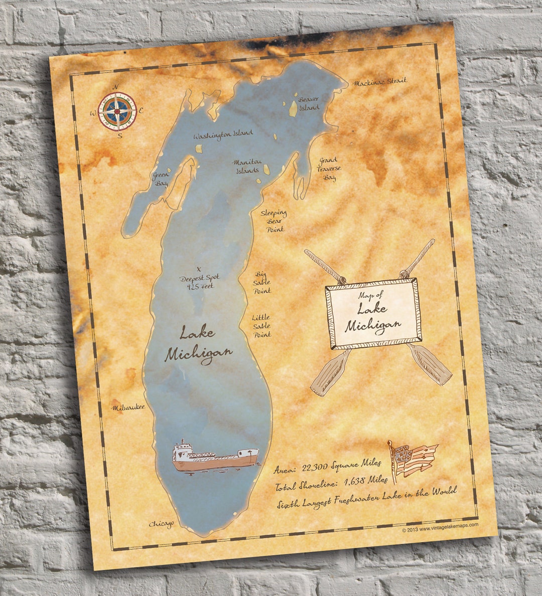 Lake Michigan. Vintage-inspired Lake Map Print. Personalized Lake House ...