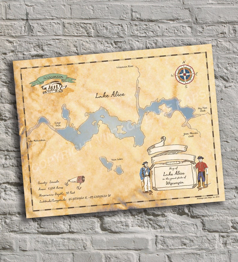 Lake Alice, Wisconsin. Vintage-inspired Lake Map Print. Custom Wall Art ...