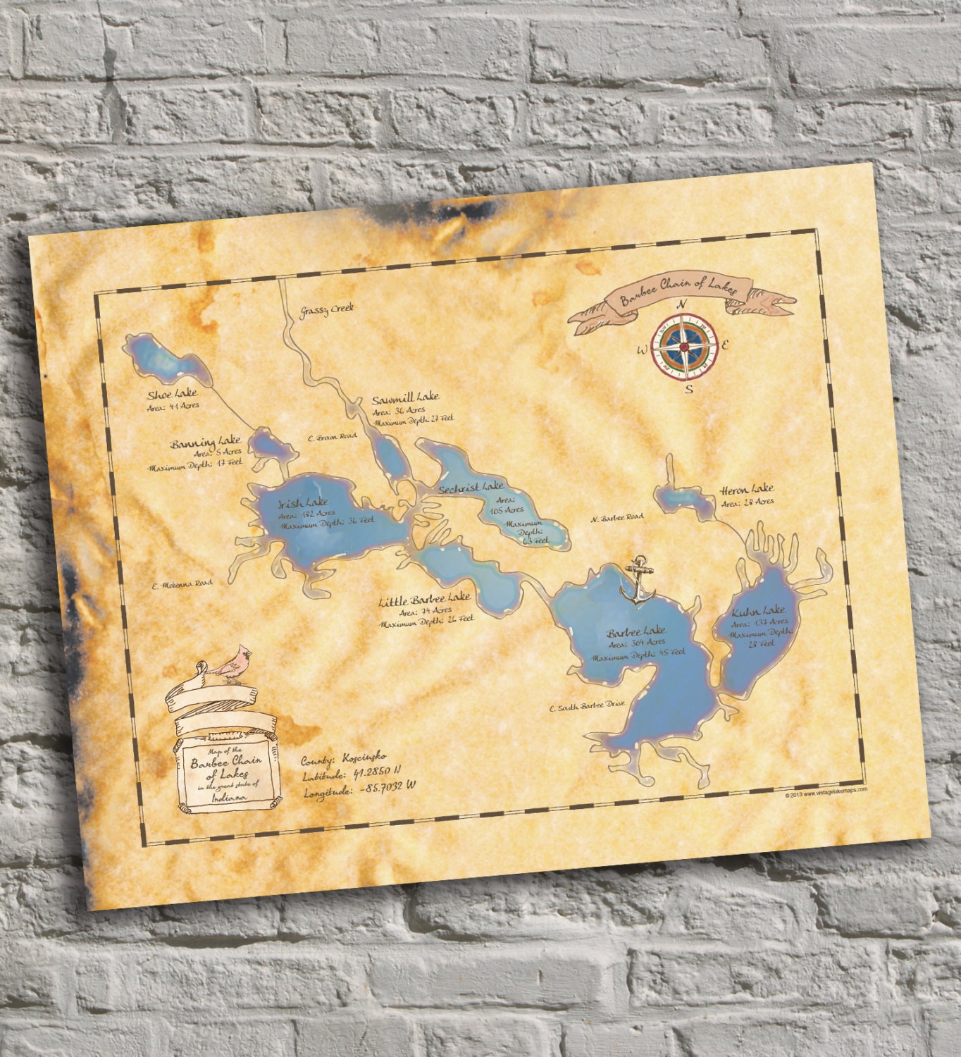 Barbee Chain of Lakes, Indiana. Vintage-inspired Lake Map Print. Lake ...