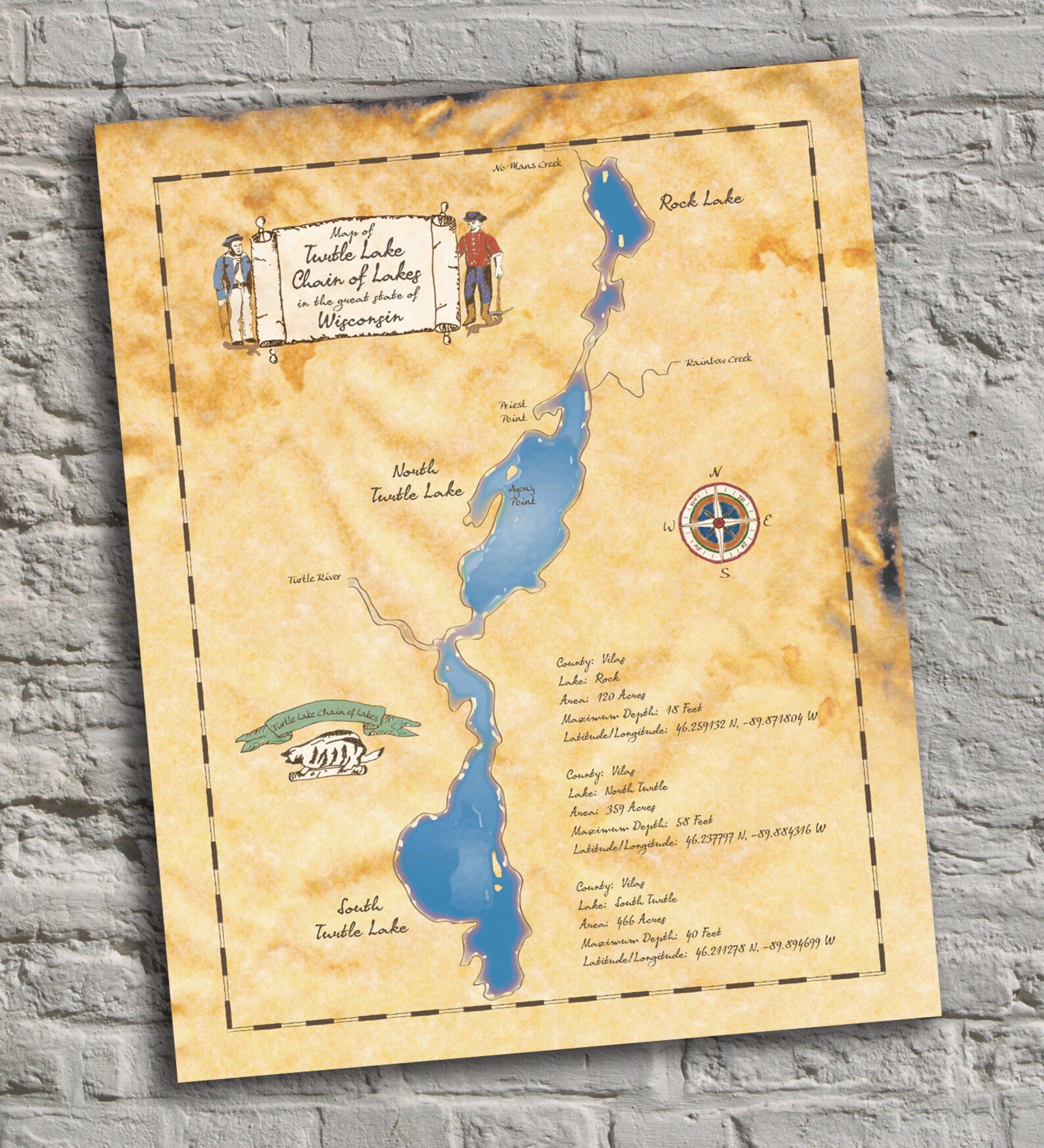 Turtle Lake Chain, Wisconsin. Vintage-inspired Lake Map Print ...