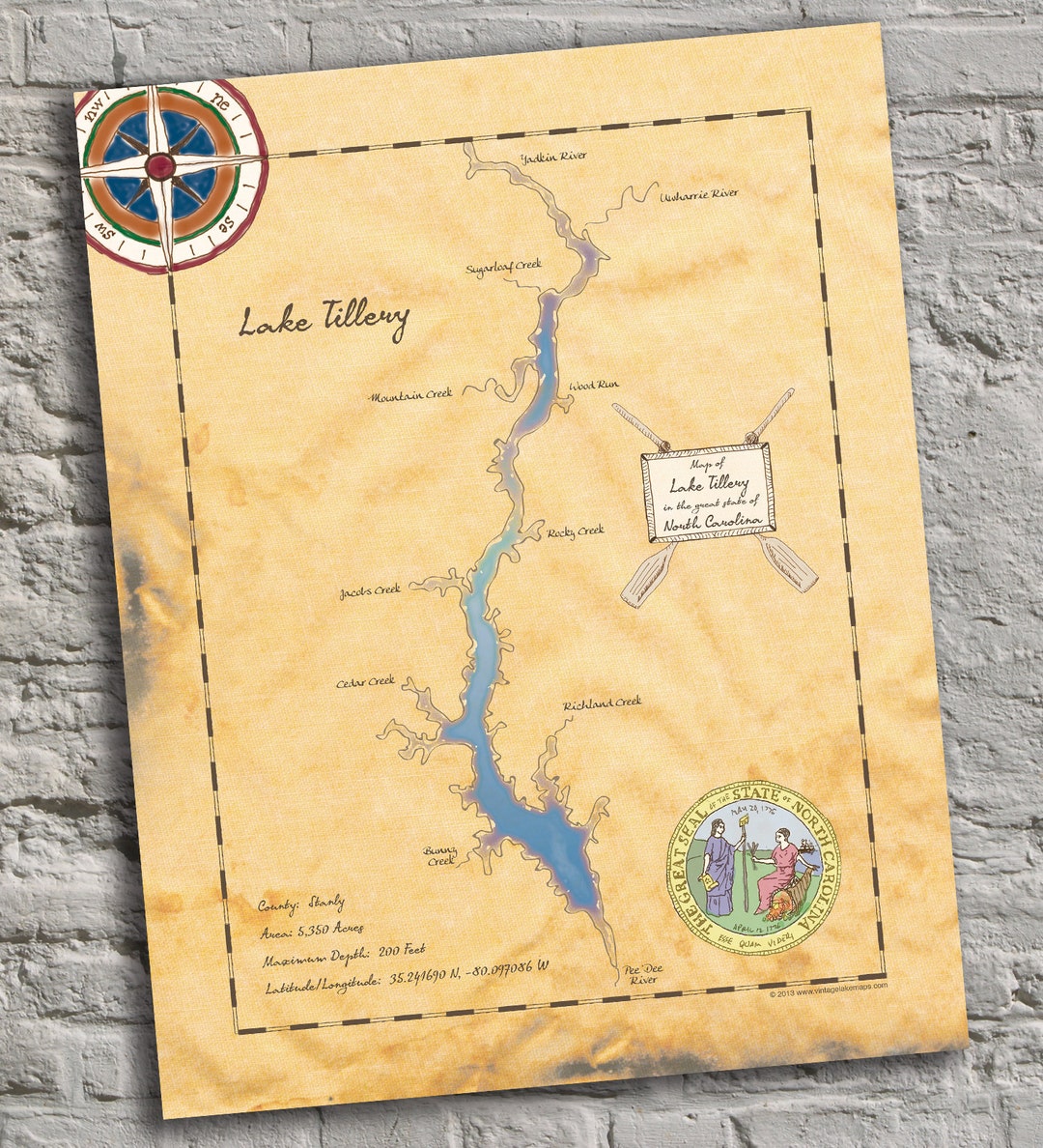 Lake Tillery, North Carolina. Vintage-inspired Lake Map Print ...