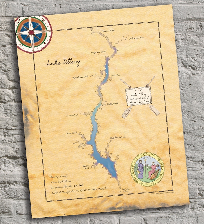 Lake Tillery, North Carolina. Vintage-inspired Lake Map Print ...