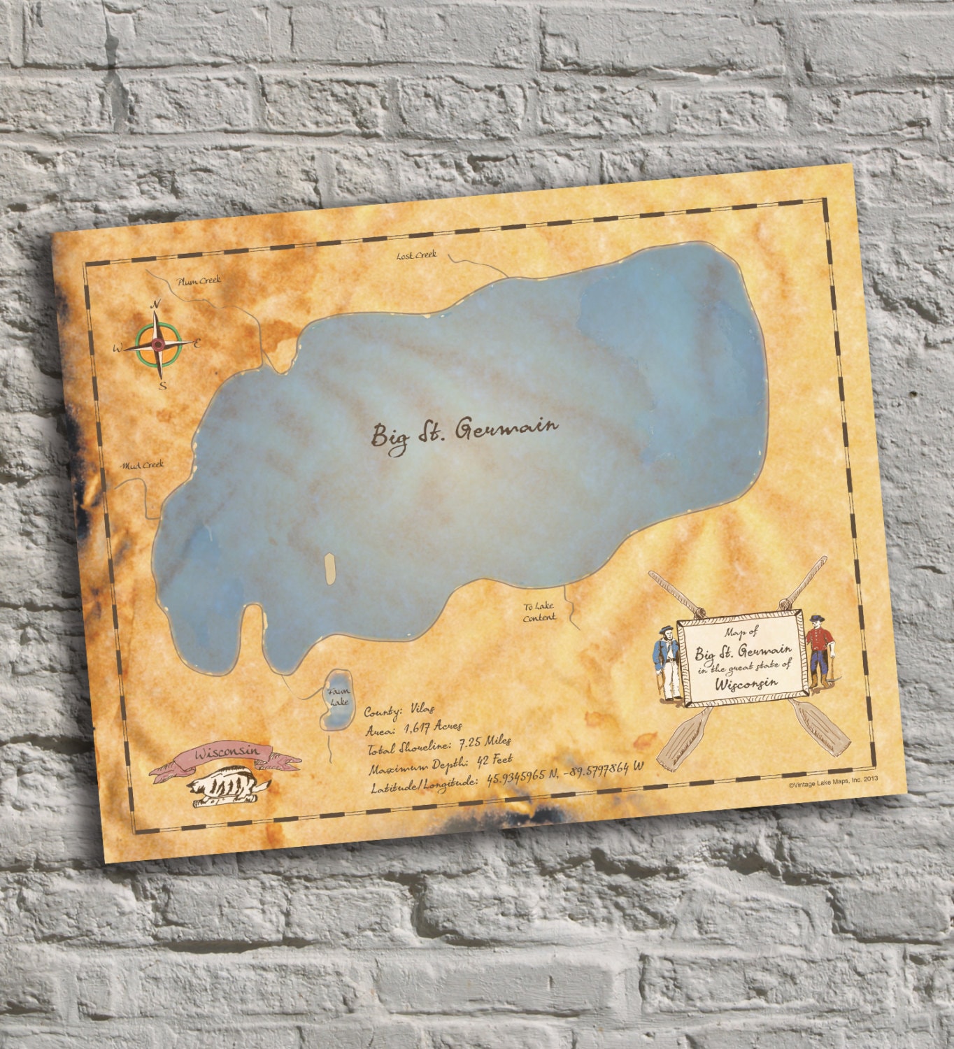 Big St. Germain, WI. Vintage-inspired Lake Map Print. Custom Wall Art ...