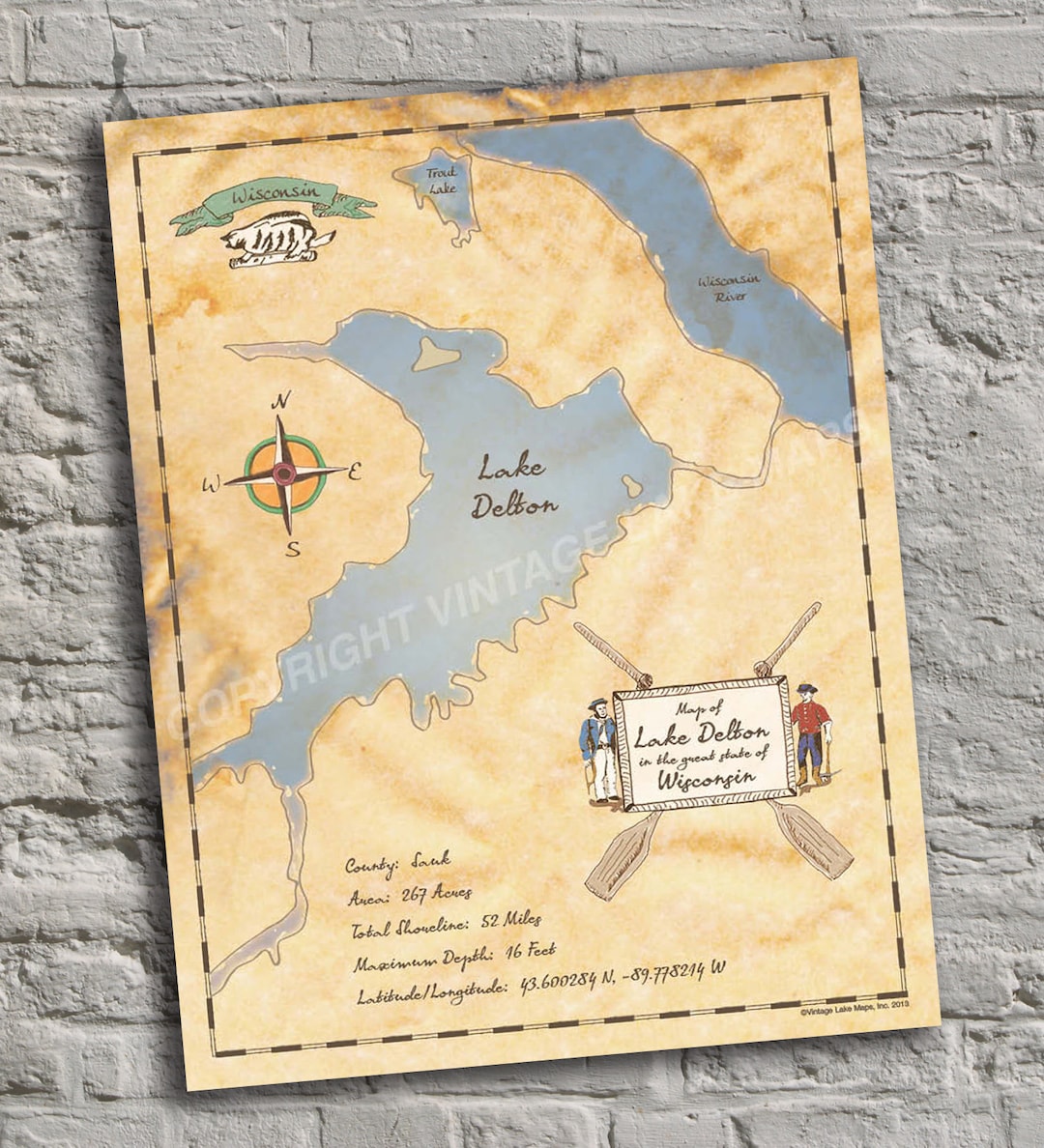 Lake Delton, Wisconsin. Vintage-inspired Lake Map Print. Custom Wall ...
