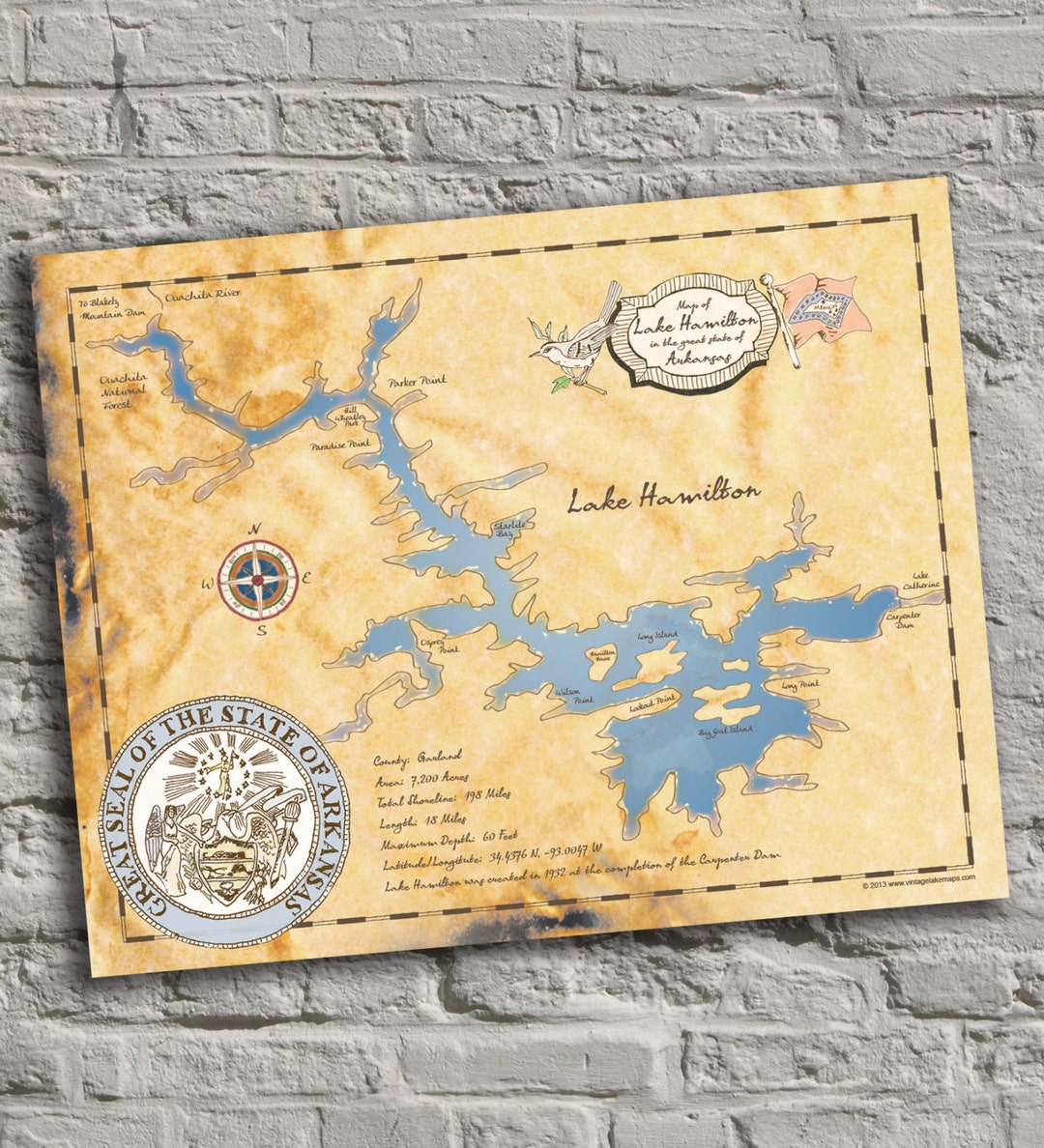 Lake Hamilton, Arkansas. Vintage-inspired Lake Map Print. Lake House ...
