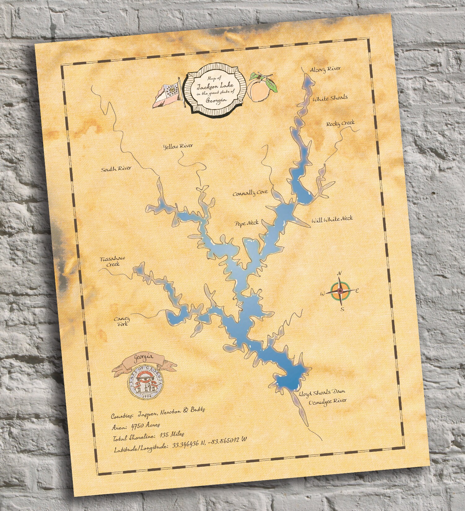 Jackson Lake, Georgia. Vintage-inspired Lake Map Print. Personalized ...