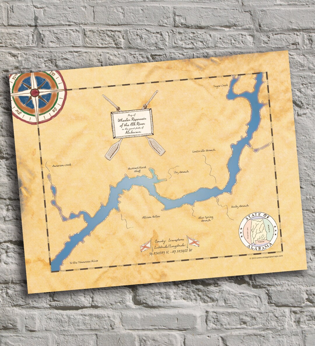Elk River, Wheeler Reservoir, Alabama. Vintage-inspired Lake Map Print ...
