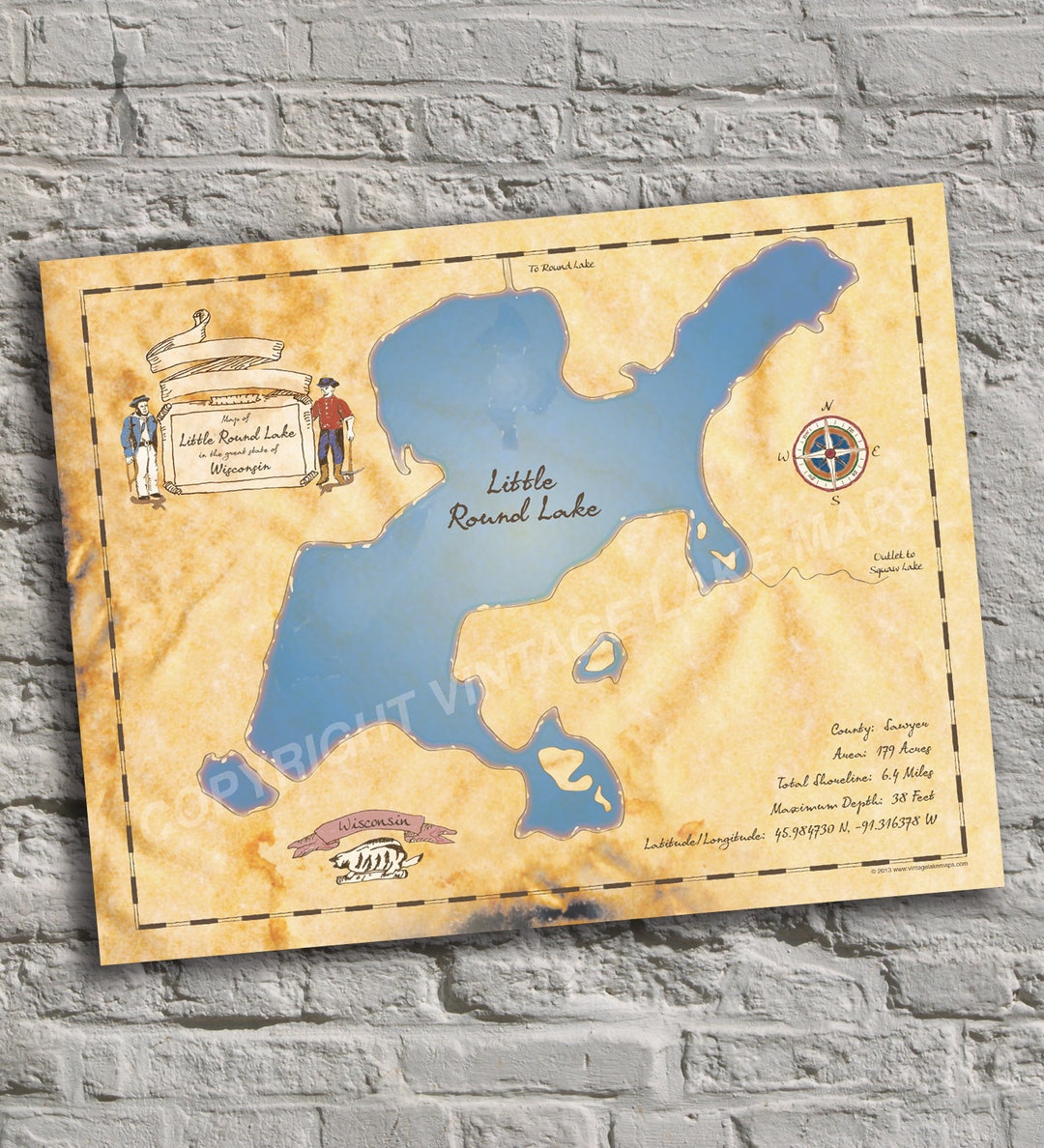 Little Round Lake, Wisconsin. Vintage-inspired Lake Map Print. Custom ...