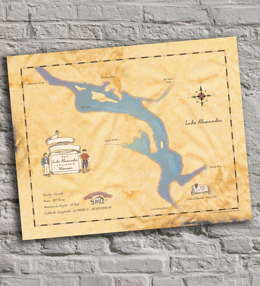 Lake Alexander, Wisconsin. Vintage-inspired Lake Map Print. Lake House ...
