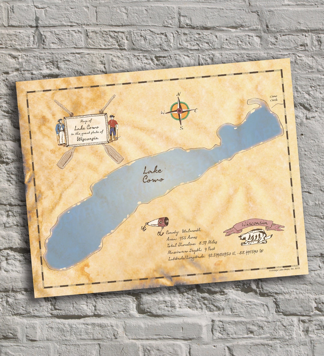 Lake Como Wisconsin Map Print, Vintage Style Lake House Decor - Etsy