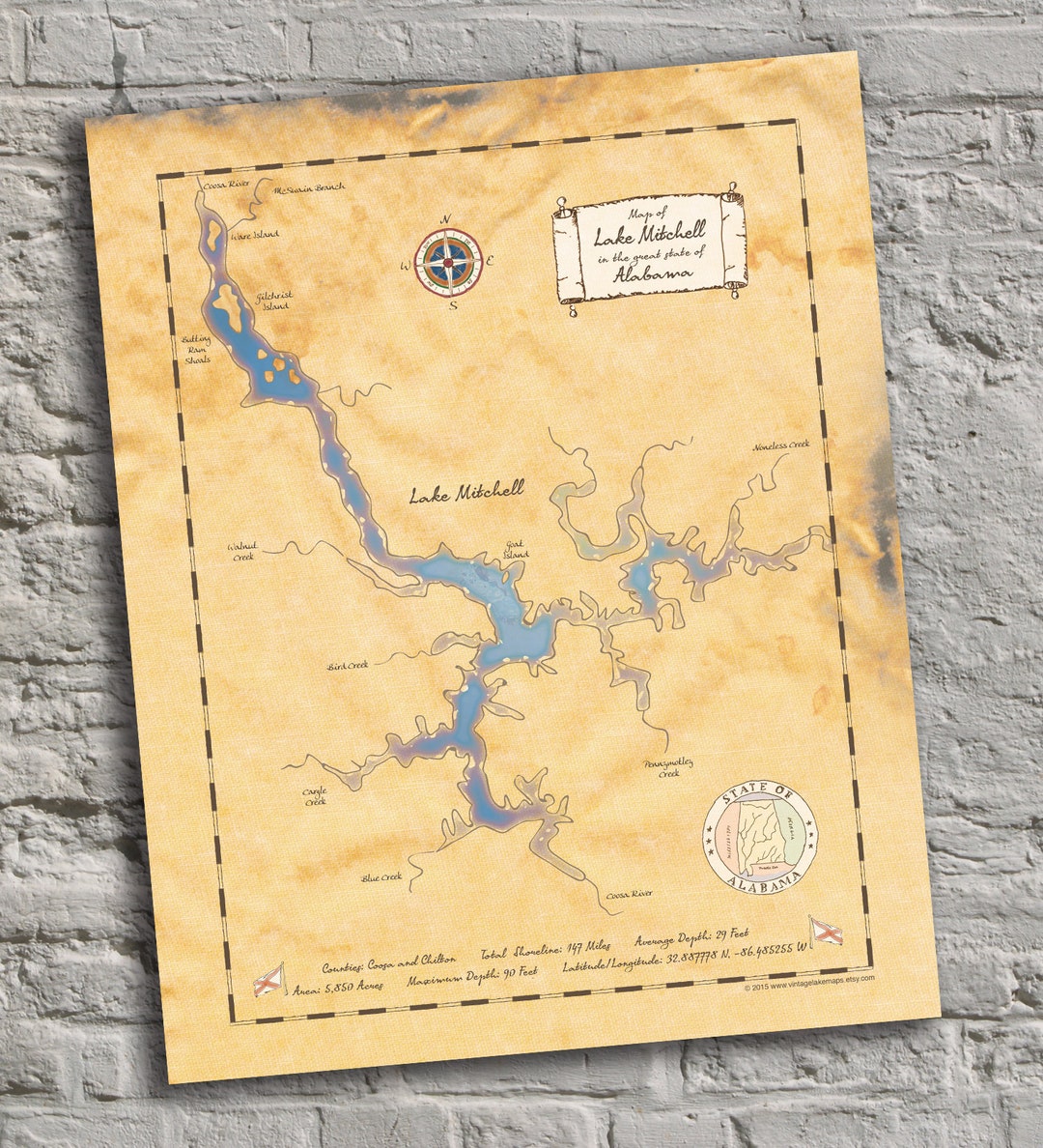 Lake Mitchell, Alabama. Vintage-inspired Lake Map Print. Custom Wall ...