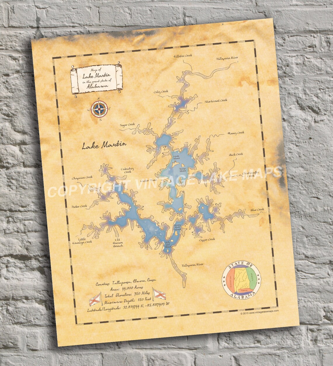 Lake Martin, Alabama. Vintage-inspired Lake Map Print. Custom Wall Art ...