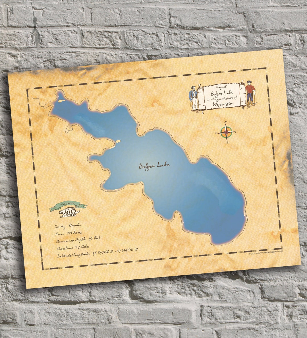 Bolger Lake, Wisconsin. Vintage-inspired Lake Map Print. Custom Wall ...
