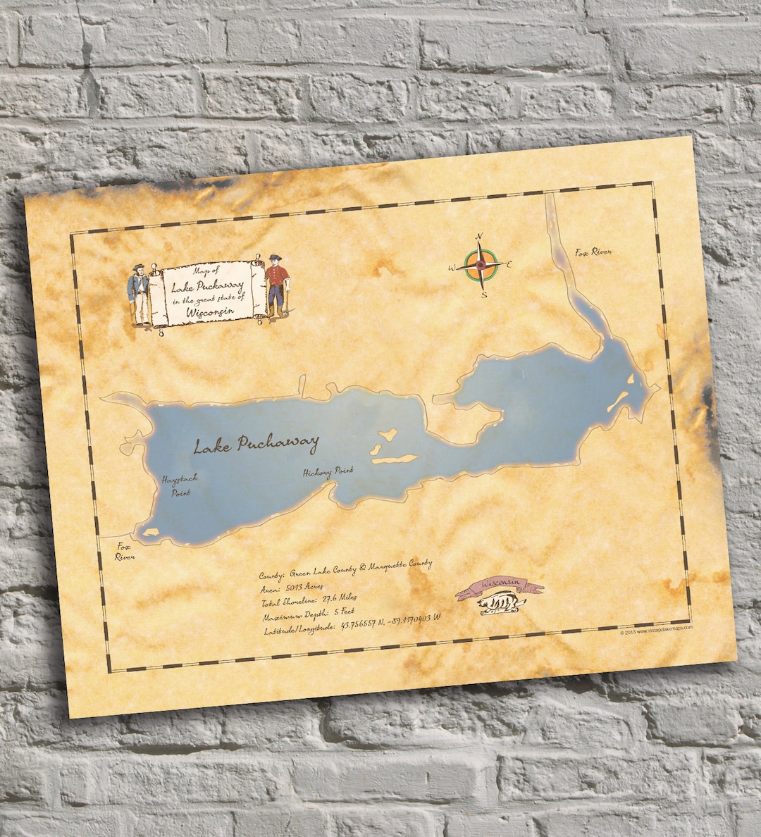 Lake Puckaway, Wisconsin. Vintage-inspired Lake Map Print. Lake House ...
