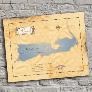 Lake Puckaway, Wisconsin. Vintage-inspired Lake Map Print. Lake House ...