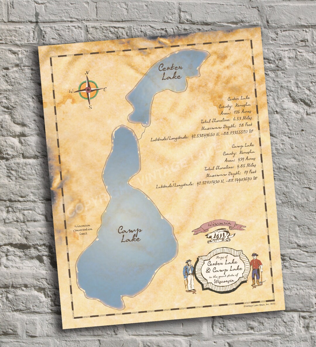 Center Lake, Wisconsin, Vintage Style Lake Map Print - Etsy