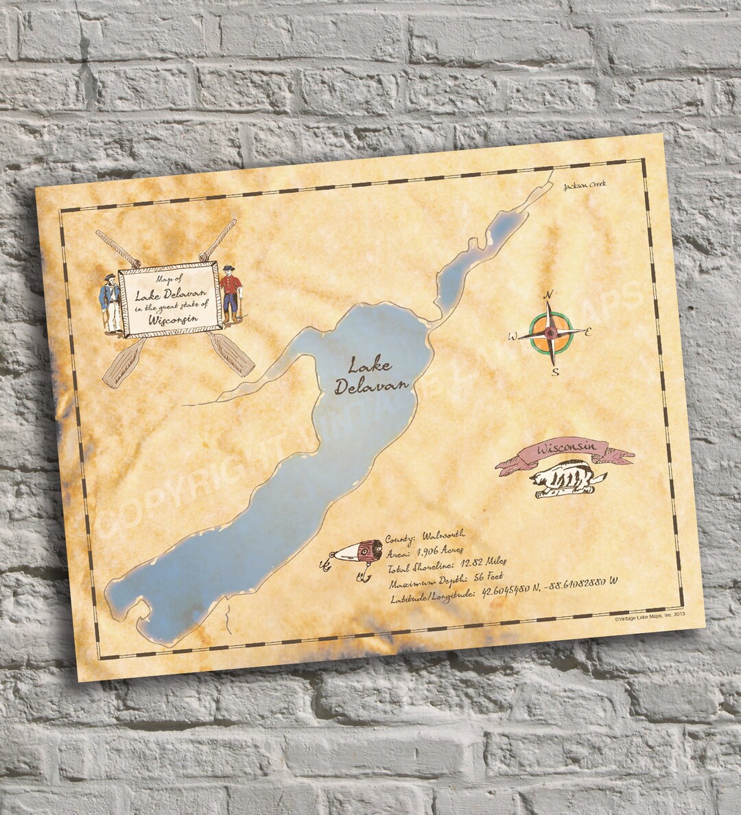 Lake Delavan, Wisconsin. Vintage-inspired Lake Map Print. Custom Wall ...