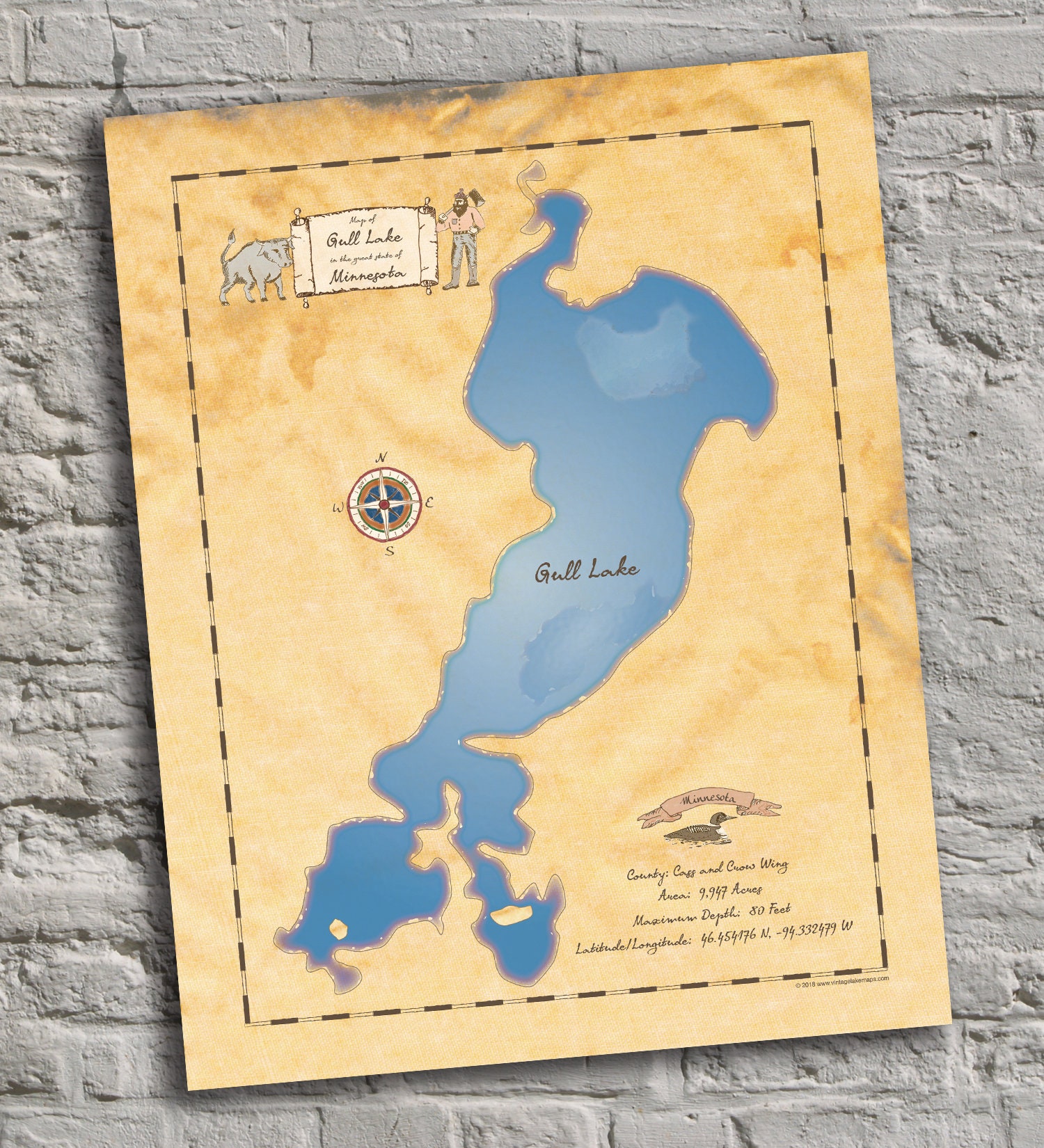 Hand Painted Map of Gull Lake, Minnesota, 1919 / Vintage Gull Lake Map ...