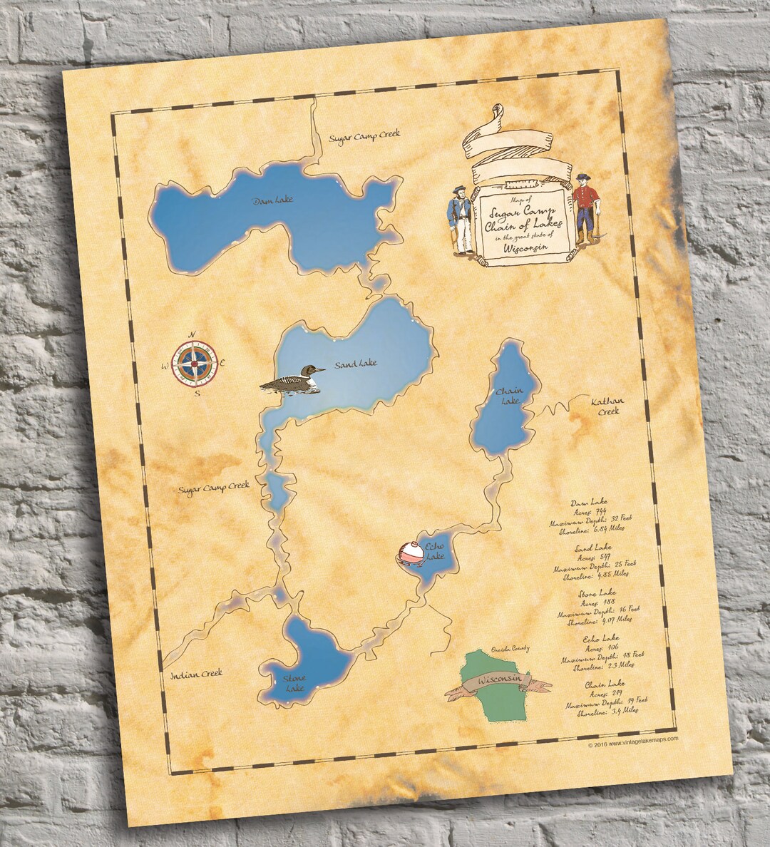 Sugar Camp Chain of Lakes, Wisconsin. Vintage-inspired Lake Map Print ...