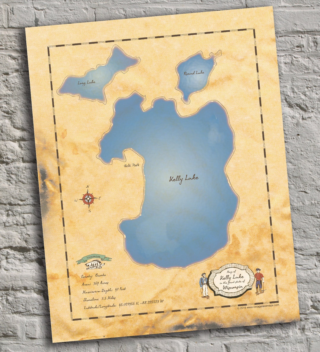 Kelly Lake, Wisconsin. Vintage-inspired Lake Map Print. Custom Wall Art ...