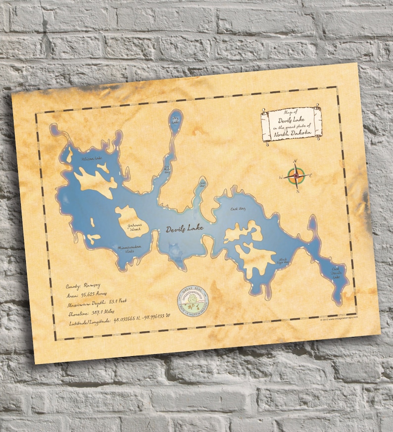 Devils Lake, North Dakota. Vintage-inspired Lake Map Print. Custom Wall ...