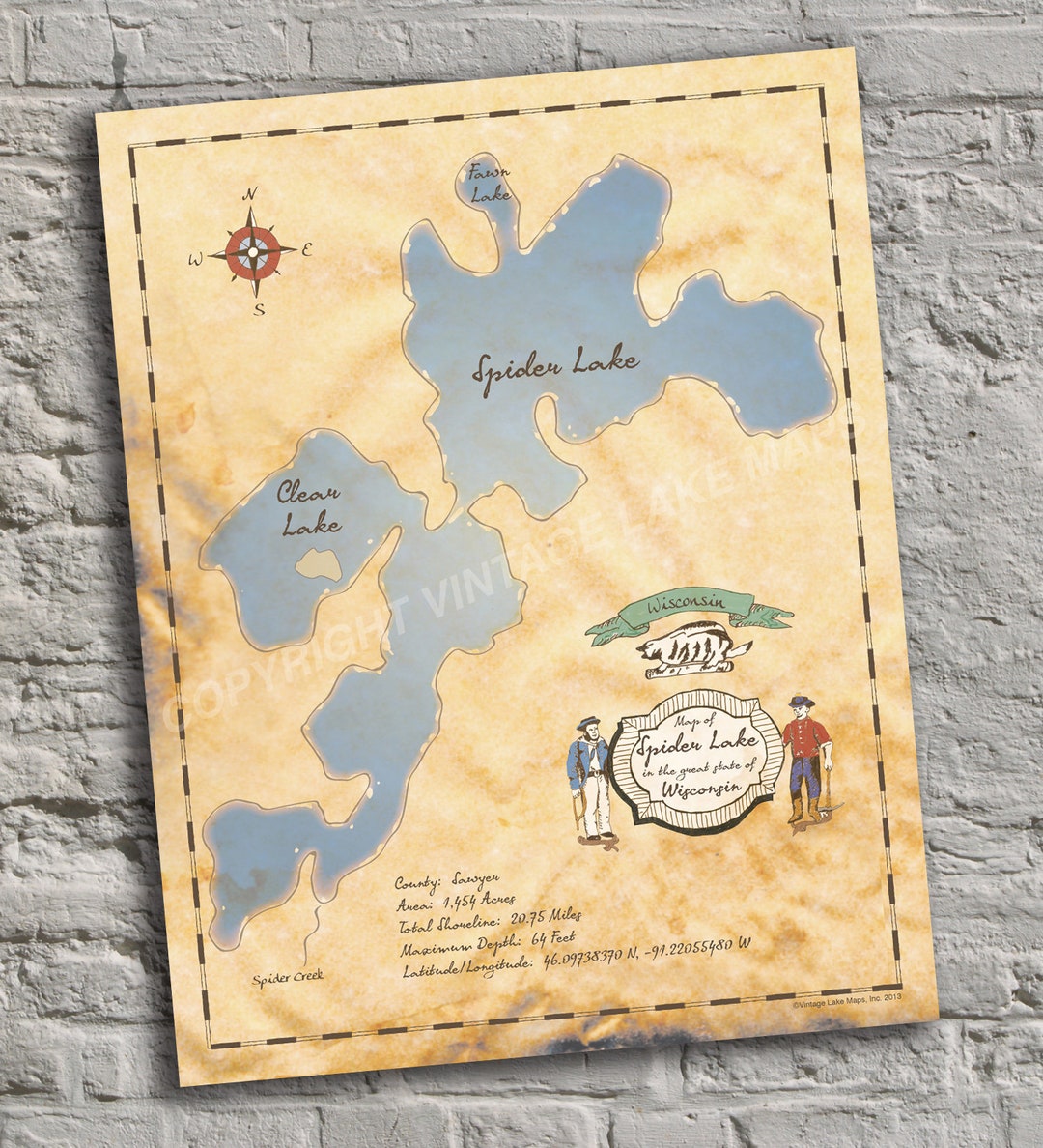 Spider Lake, Wisconsin. Vintage-inspired Lake Map Print. Custom Wall ...
