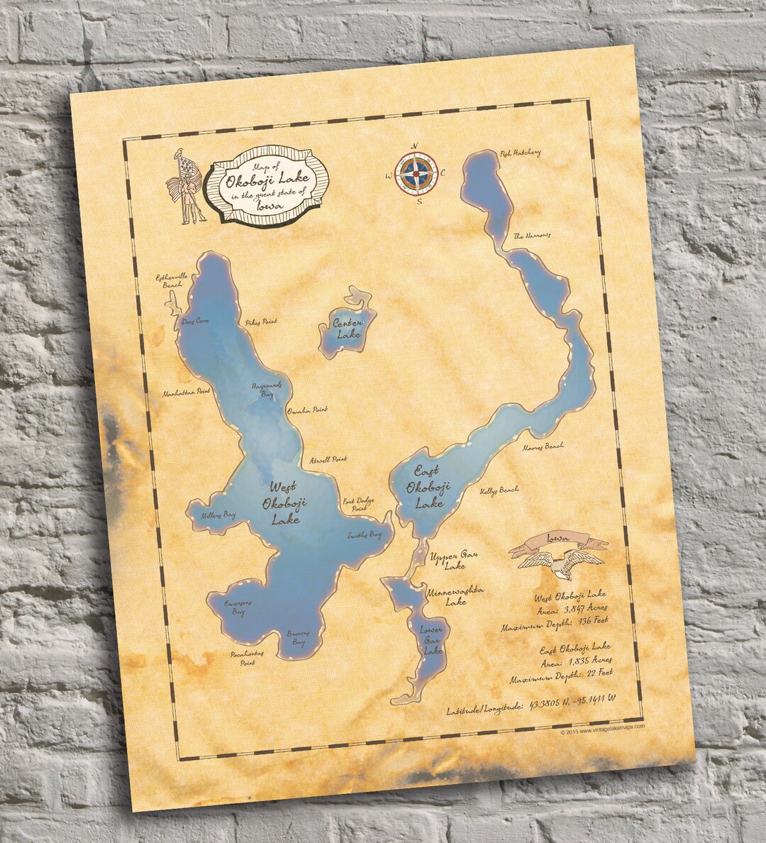 Okoboji Lake, Iowa. Vintage-inspired Lake Map Print. Lake House Decor ...