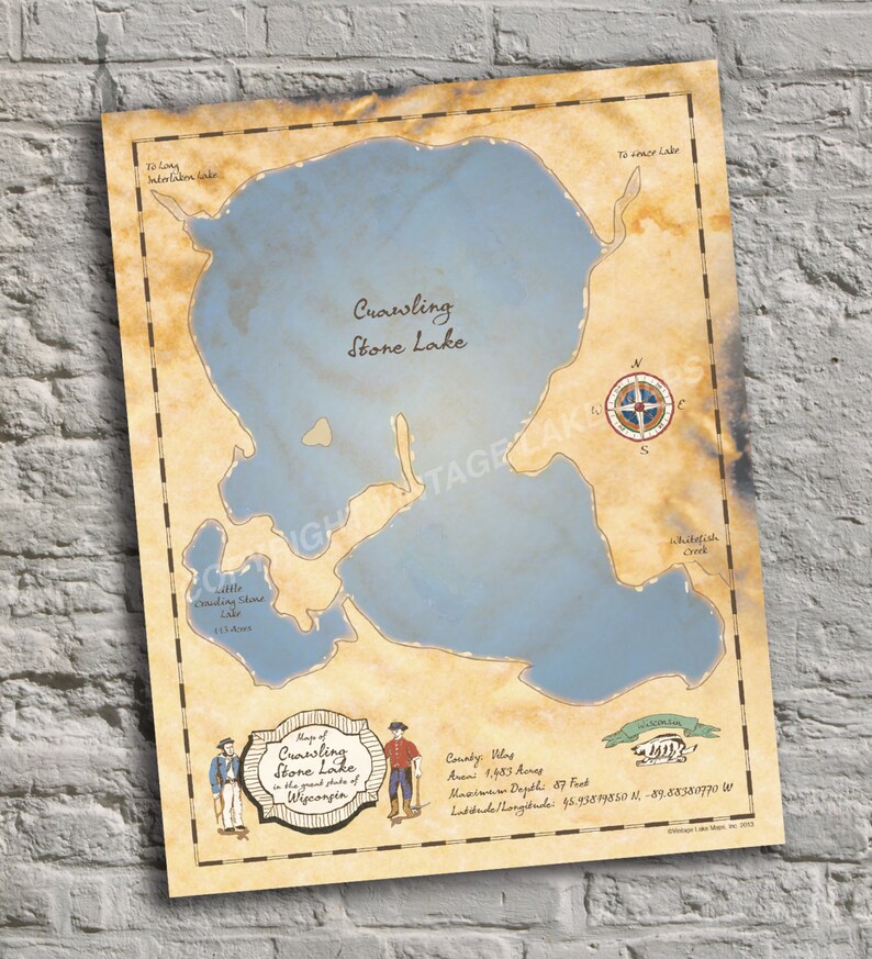 Crawling Stone Lake, Wisconsin, Vintage Style Lake Map Art Print - Etsy