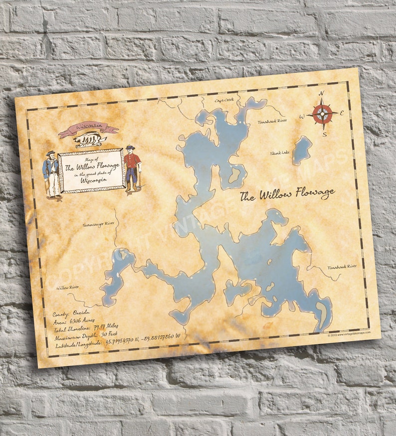 The Willow Flowage, Wisconsin. Vintage-inspired Lake Map Print. Custom ...