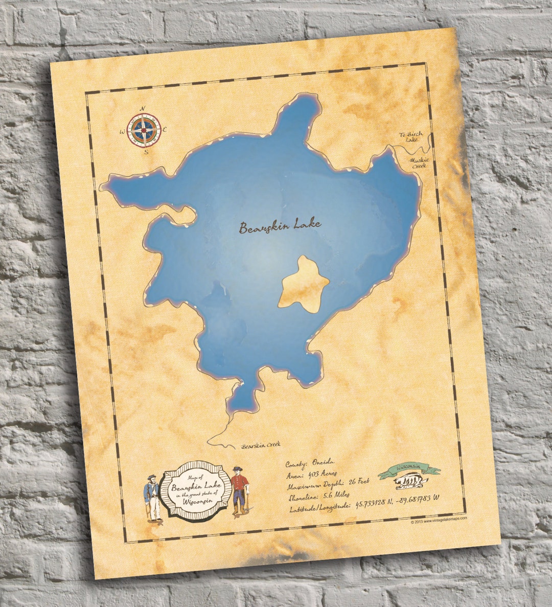 Bearskin Lake, Wisconsin. Vintage-inspired Lake Map Print. Personalized ...